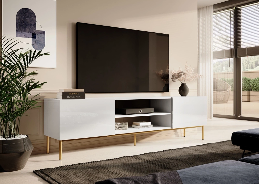 Hvit tv benk med hylle 200 cm SLIDE